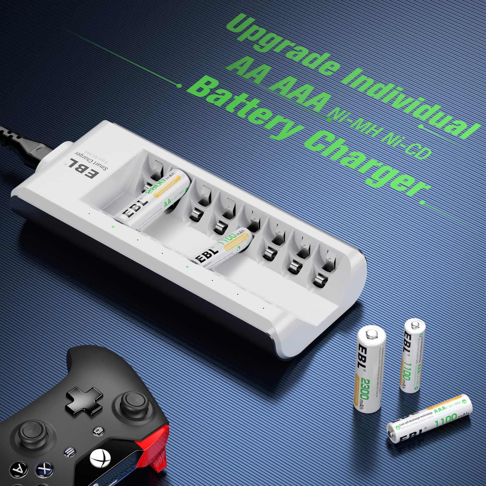 EBL AA AAA Battery Charger, 8-Bay Individual Charger for NiMH NiCD Rechargeable Batteries with AC Plug Fast Charging