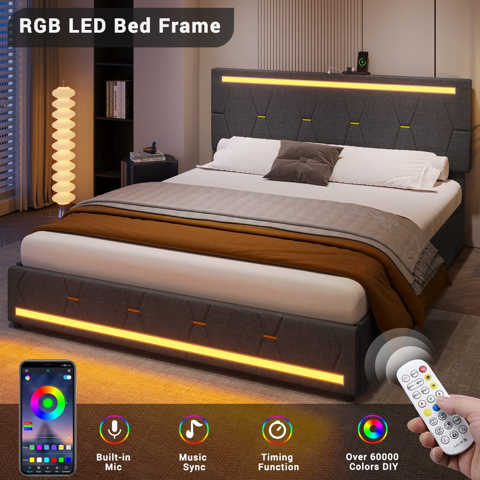 ADORNEVE Full Size Bed Frame with 4 Drawers, LED Bed Frame Full with 2 USB Charging Station, Upholstered Platform Bed with Adjustable Headboard and LED Lights, No Box Spring Needed, Dark Grey