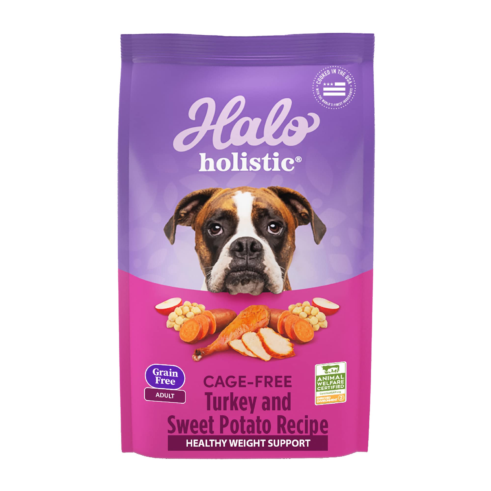 Halo Purely for Pets Holistic Dog Food, Complete Digestive Health Grain Free Cage-Free Turkey and Sweet Potato Recipe, Healthy Weight Support, Dry Dog Food Bag, Adult Formula, 10-lb Bag