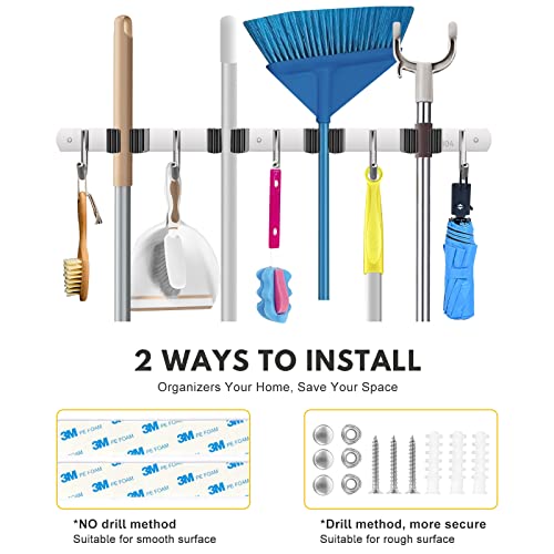 Laufary Broom Holder Wall Mount 4 R 5 H,Stainless Steel Mop Holder Wall Mount,Easy to Install Broom Storage Rack, for Home, Kitchen, Garden, Garage Organizing