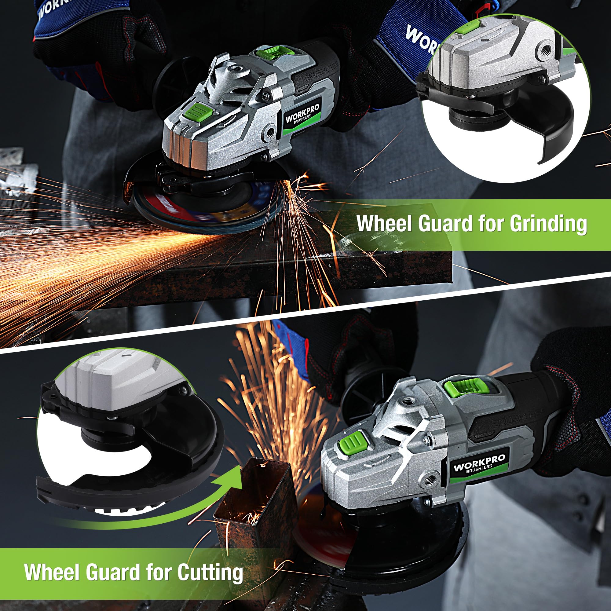 WORKPRO Cordless Angle Grinder, 20V Brushless Grinder with 4.0Ah Battery and Fast Charger, 4-1/2 Inch Dics, 8500RPM Brushless Motor Electric Grinder Power Tools for Metal and Wood