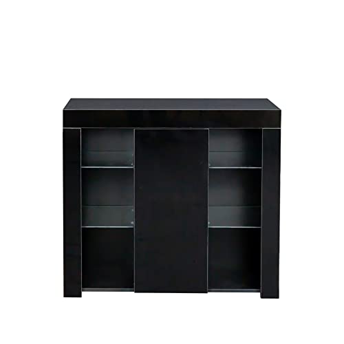 BUTURCAR Kitchen Buffet Storage Cabinet, Modern Dining Room Sideboard Cabinet, Hallway Living Room Display Cabinet - Black High Gloss Buffet Cabinet with Storage, Door, and LED Light