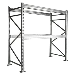 Shelving Inc. 48"d x 144"w x 96"h - 2-Tier Galvanized Teardrop Pallet Rack Starter Unit, No Decking, 6-1/2"h Beams, Weight Capacity 7160lbs Per Level