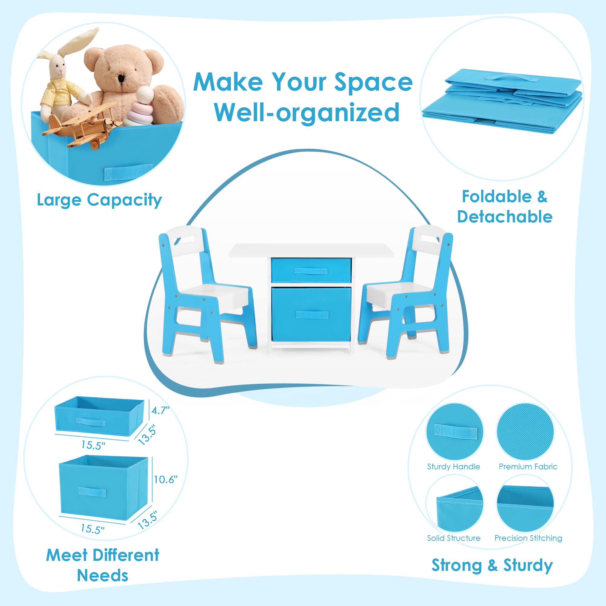Bateso Kids Table & Chair Set, Toddler Table and Chairs Set with Storage, Kids Table and 2 Chairs with Storage for Learning, Teaching, Eating, Playing, Kindergarten, Living Room