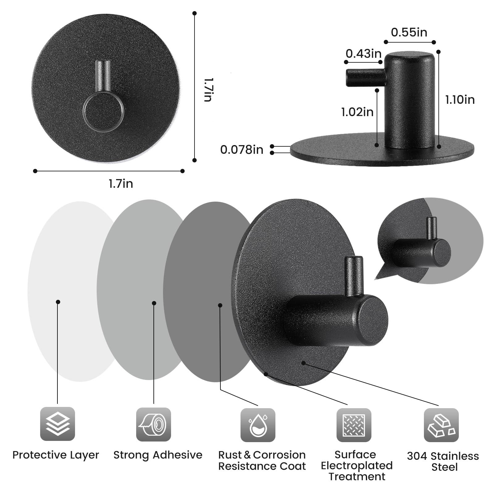PIPUHA 2Pack Adhesive Towel Hooks, Black Matte Command Towel Hook Heavy Duty Waterproof Stainless Wall Hooks for Bathroom, Kitchen, Hotel, Pool, Coats