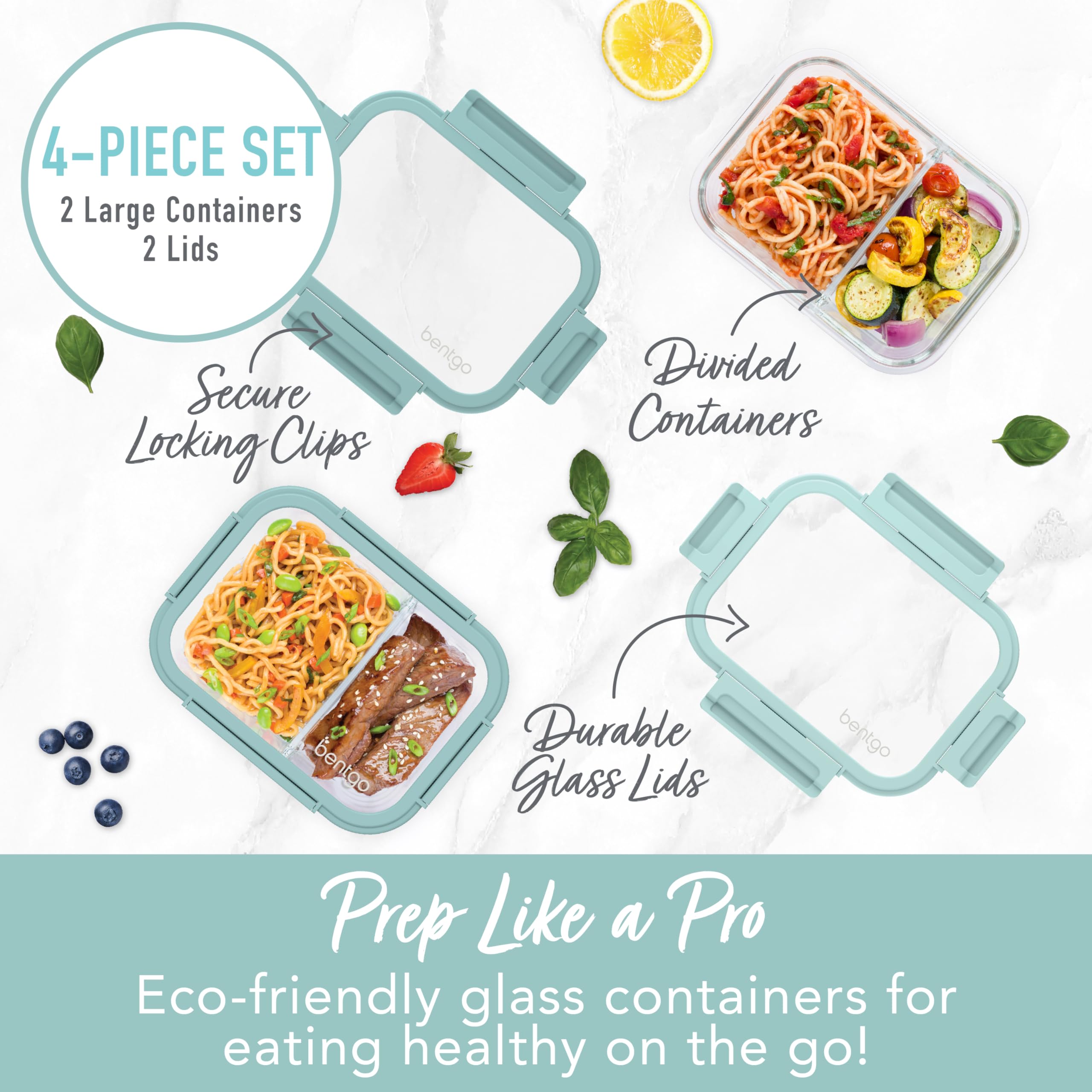 Bentgo Glass Leak-Proof Meal Prep Set - 4-Piece Lunch & Dinner 2-Compartment Glass Food Containers with Glass Lids - Reusable, BPA-Free, Microwave, Freezer, Oven & Dishwasher Safe (Seafoam/Seaglass)