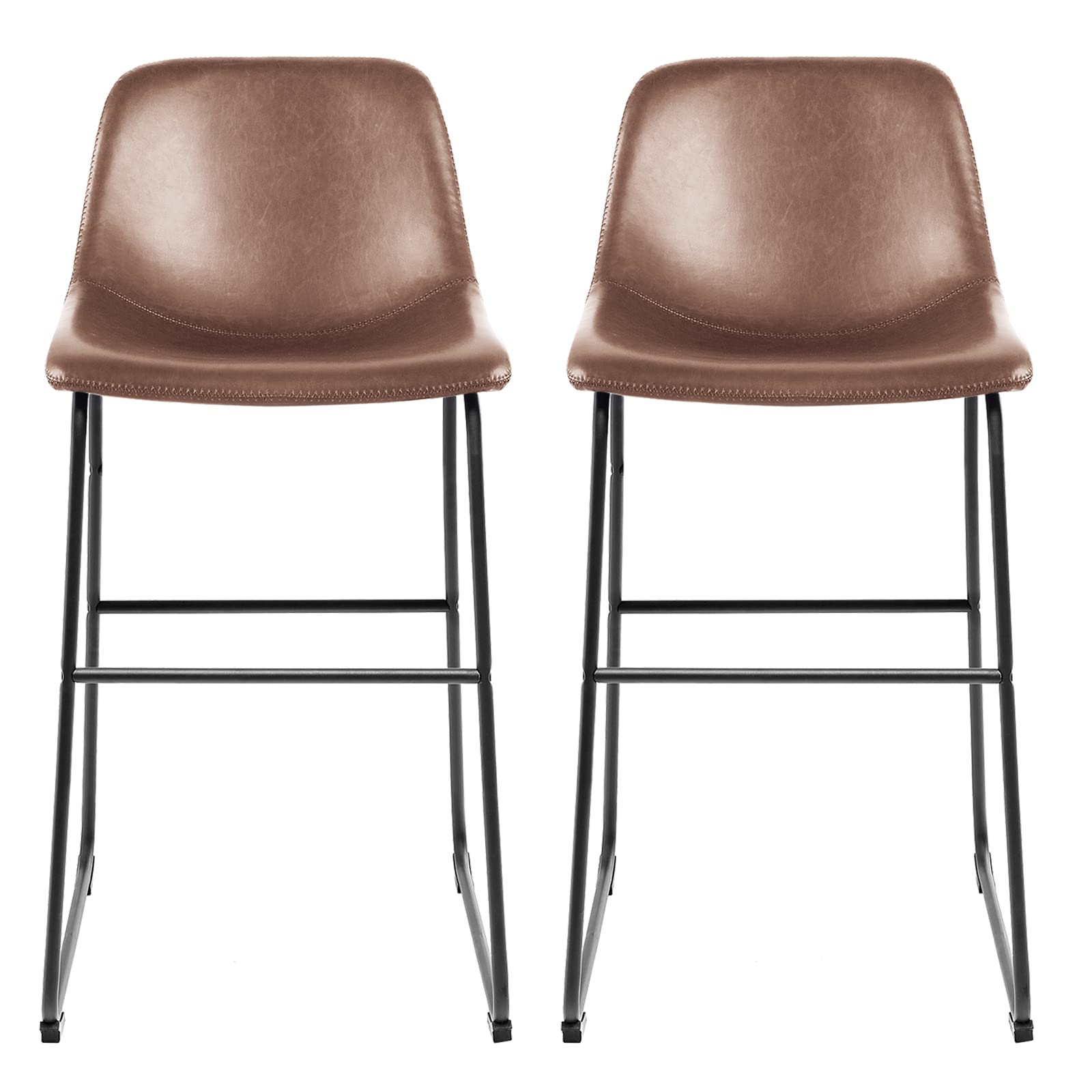 5Rcom PU Leather Bar Stools, Set of 2, Tall Bar stools with Back and Footrest, Modern Upholstered Bar Height Stools with Black Metal Legs, 30-inch Seat Height Chairs for Kitchen Home Office Pub, Brown