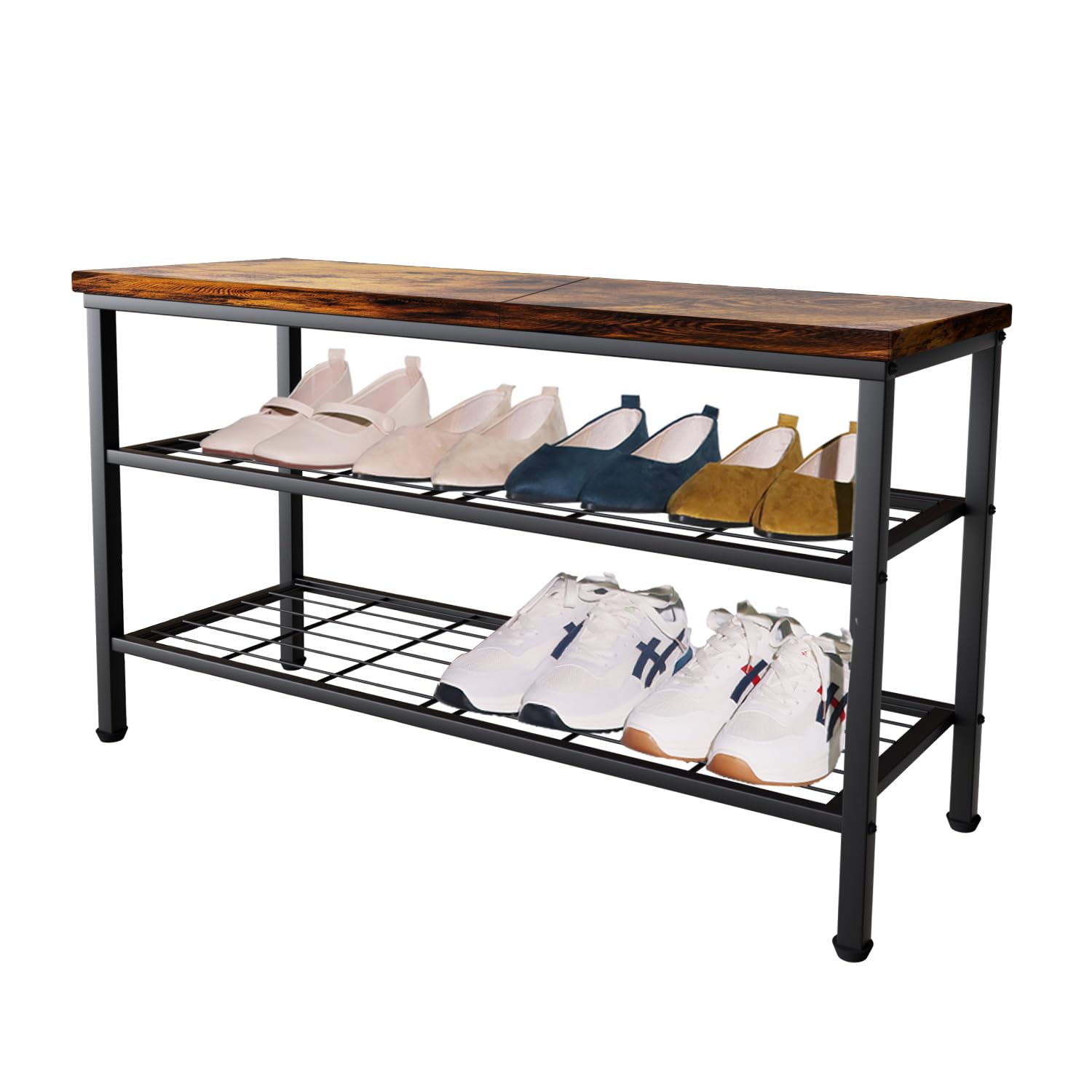 Glynym 3-Tier Metal Shoe Rack with Wood Top,Shoe Organizer for Closet, Stackable Shoe Storage Organizer,Industrial Shoe Organizer Shelf Bench Storage,Bronze28.5 W × 18" H