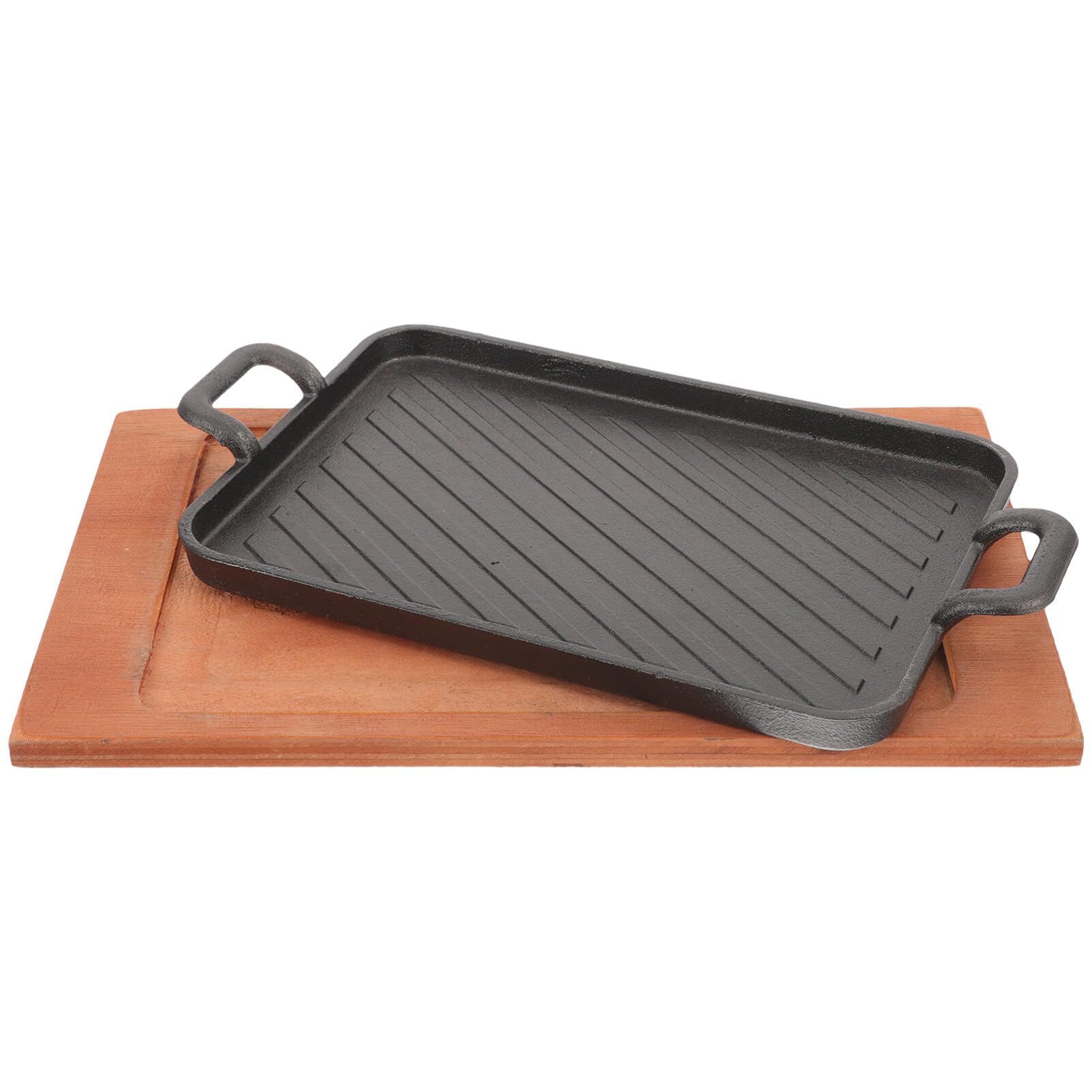 Yardwe Cast Iron Steak Plate, Sizzle Plate with Wooden Base, Steak Pan Grill Fajita Server Plate for Home Kitchen Restaurant (7.5" x 12.5")