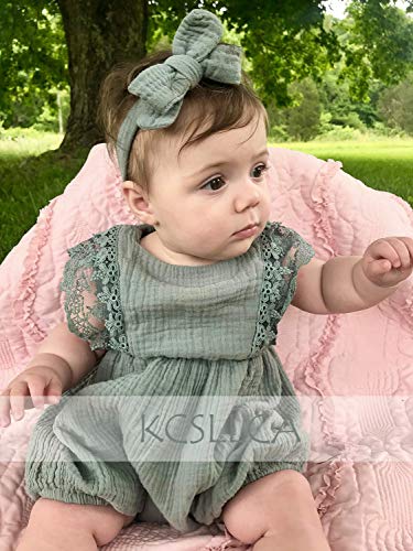 KCSLLCA Baby Girls Lace Romper Set Ruffle Sleeve Solid Color Onesie with Headband (Pea Green, 6-9 Months)