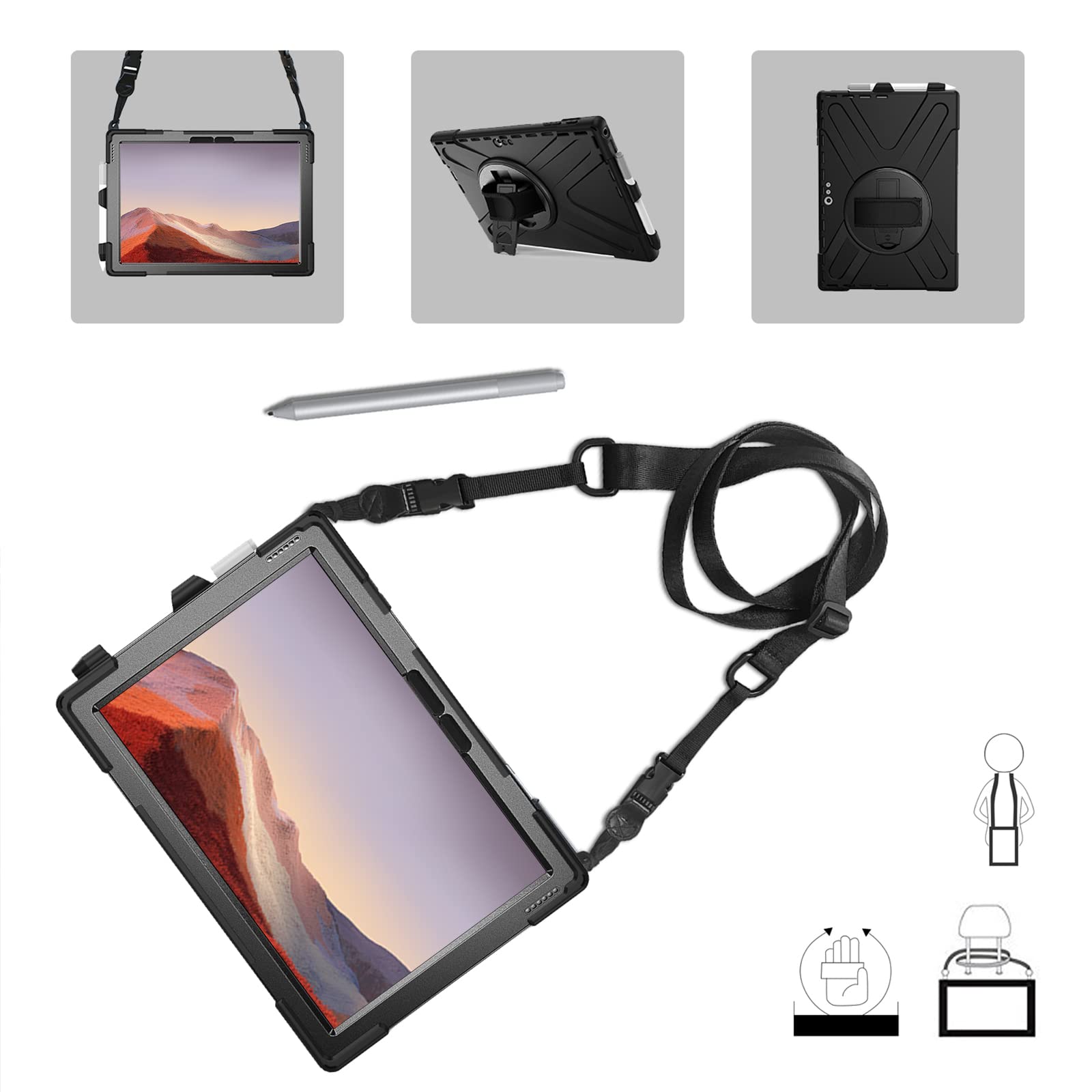 ProCase Surface Pro 7 Plus/Pro 7 / Pro 6 / Pro 5 / Pro 4 / Pro LTE Case, Full Body Protective Case, 360 Degree Rotatable Heavy-Duty Cover with Hand Strap, Shoulder Belt and Kickstand -Black