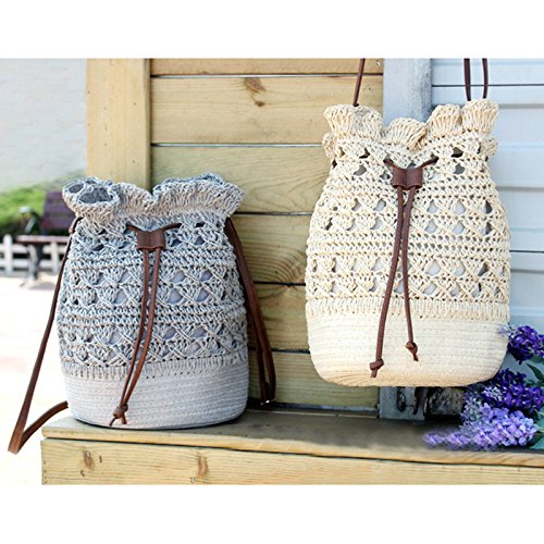 Abuyall Women Straw Bucket Bag Hobo Shoulder Handbag Drawstring Beach Tote Bag B
