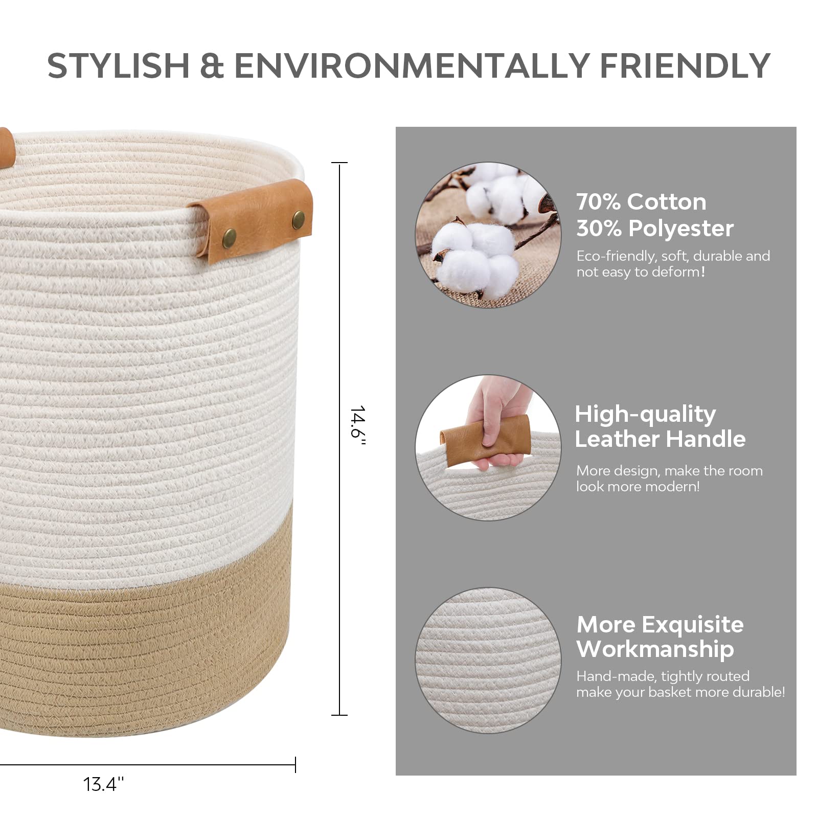 Cotton Rope Baskets for Storage, Large Woven Laundry Basket for Living Room, Decorative Nursery Hamper for Organizing Baby Toys,Clothes,Blanket,etc.