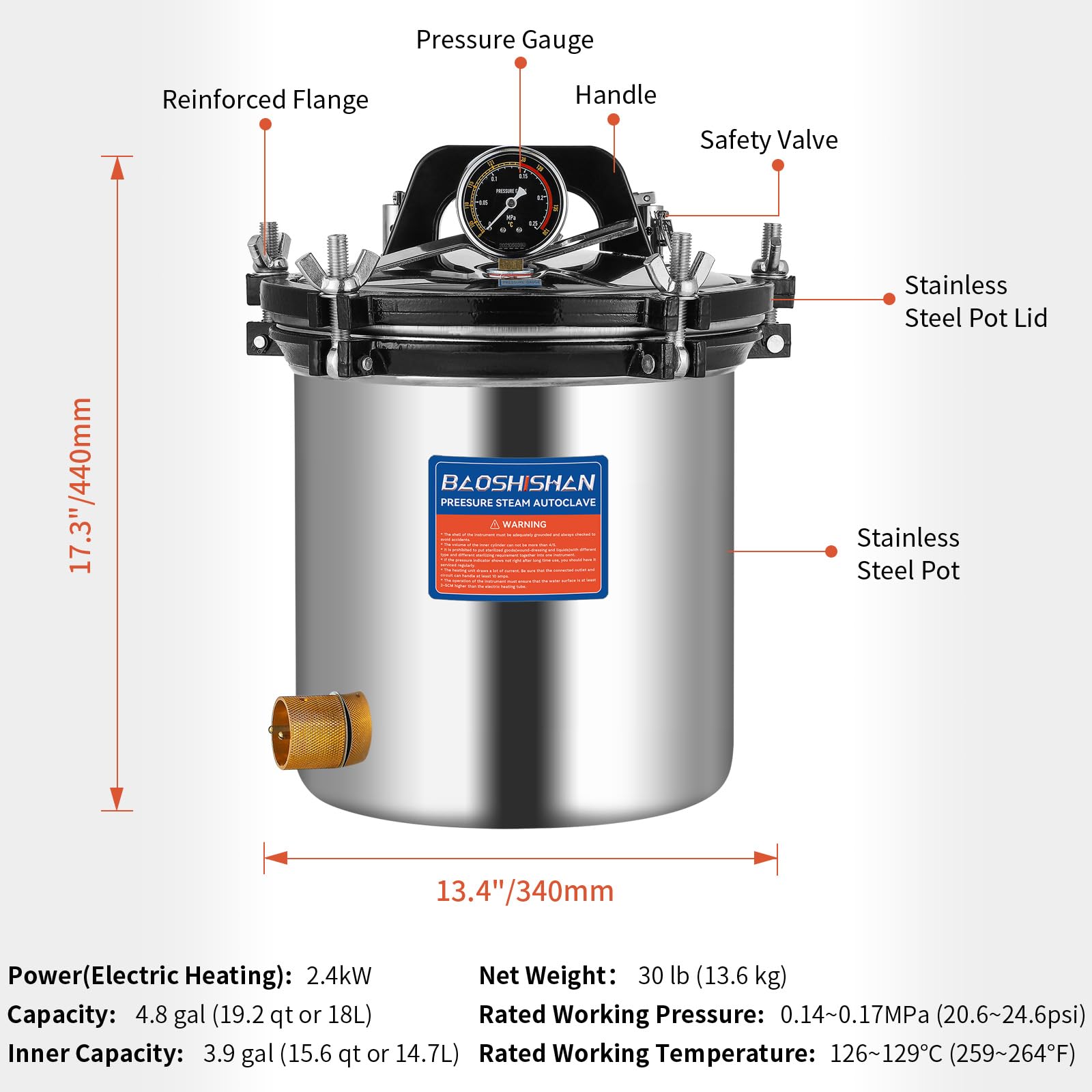 BAOSHISHAN 18L Electric Pressure Canner 19 QT Stainless Steel Portable Pressure Canner for Mushroom Growing, Jar Canning 1.2KW 110V