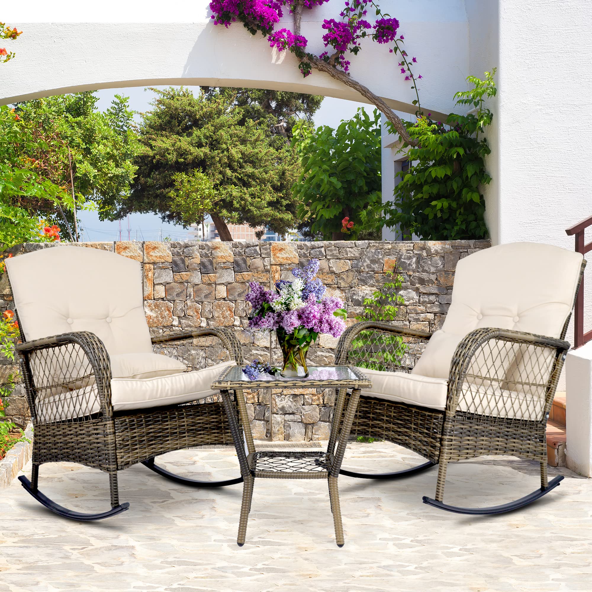 IBITION 3-Piece Outdoor Rocking Chairs Set of 2, Wicker Patio Furniture Modern Rattan Chair Conversation with Cushions & Glass Table for Garden,Backyard, Bistro(Khaki)