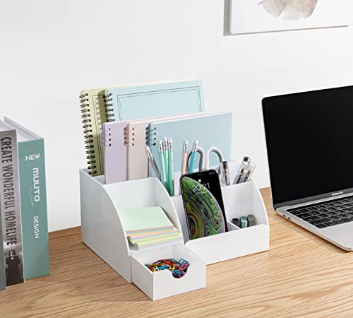 Office Desk Organizer, White Acrylic, with Drawer, 9 Compartments, All in One Office Supplies and Cool Desk Accessories Organizer, Pen Holder, Enhance Your Office Decor Desktop Organizer (White)