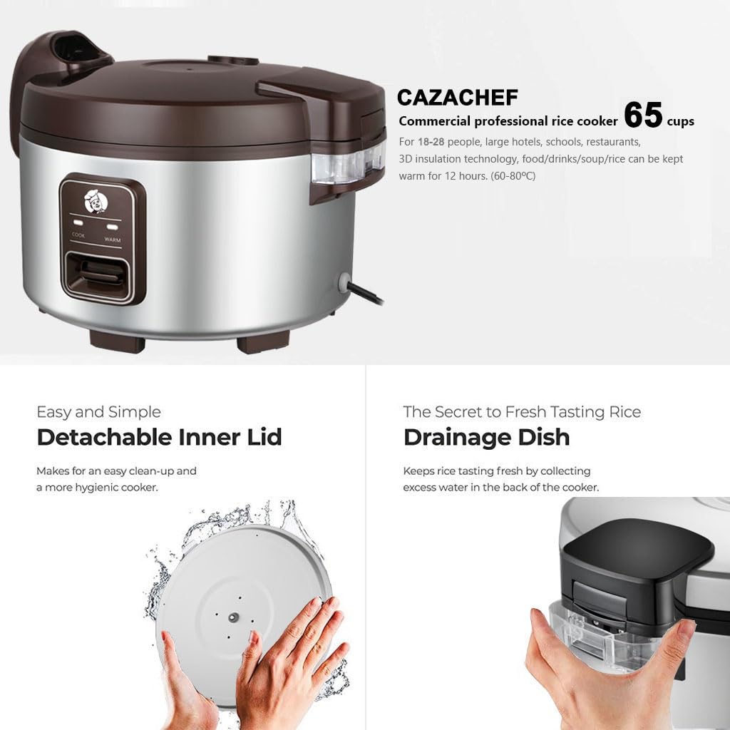 CAZACHEF 13.8 QT Large Commercial rice cooker 65 cups cooked 32 cups uncooked rice Commercial Electiric Rice Warmer for 18-28 people, with One-Touch Operation
