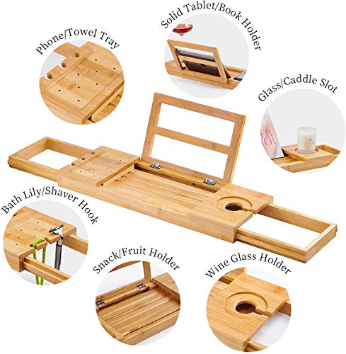 Utoplike Bamboo Bathtub Caddy Tray Bath Tray for Tub, Adjustable Bathroom Bathtub Organizer with Book Tablet Wine Glass Cup Towel Holder,Distinctive Gift for Christmas
