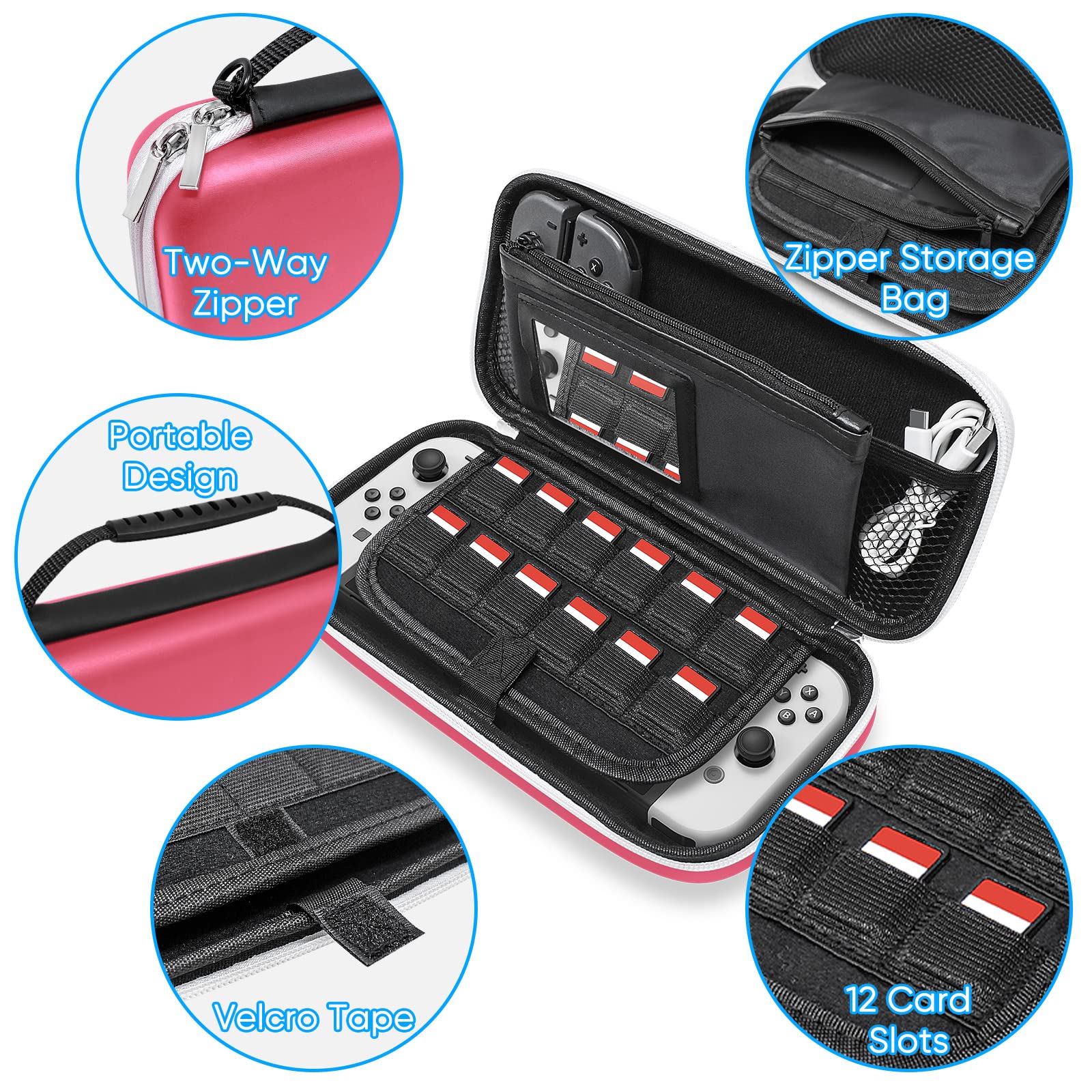 Accessories Bundle for Nintendo Switch OLED Model,Carrying Case with Card Slots,PC Protector Case for Console,TPU Cover for Joy Con,Tempered Glass Screen,Joystick Cap,Console Playstand for OLED (Pink)