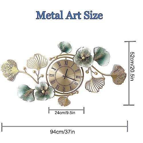 Clock for Living Room,Metal Large Wall Clock for Living Room,Big Clocks for Wall Living Room Ginkgo Leaf Design Wall Clock Silent Non Ticking,33 Inch