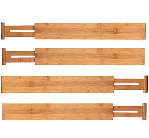 Vinkki Bamboo Drawer Divider 4 Pack Kitchen Utensil Drawer Organizer Separators Spring Adjustable & Expendable Drawer Dividers Eco-Friendly Bamboo Drawer Partitions Divider for Kitchen Desk