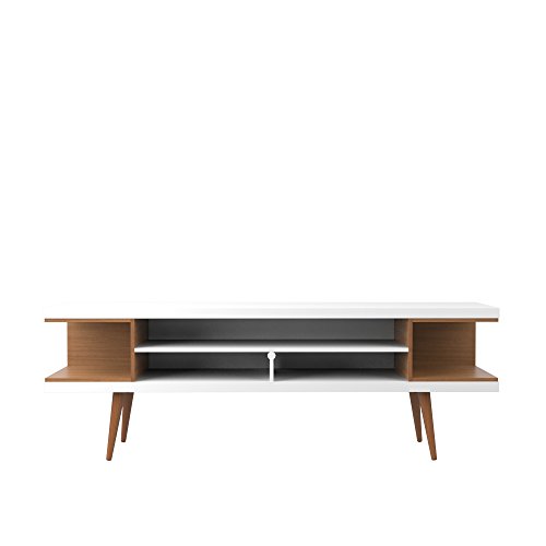 Manhattan Comfort Utopia Collection Mid Century Modern TV Stand With Open 3 Open Shelves and Two Open Cubbies, White/Wood
