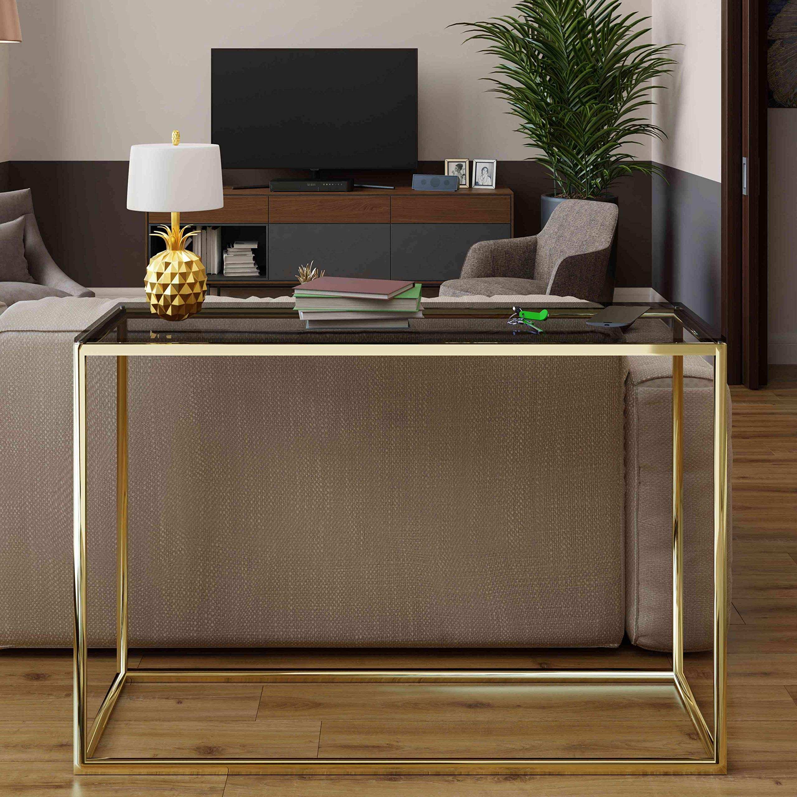 Cortesi Home Jul Console Table in Gold Stainless Steel and Smoked Glass