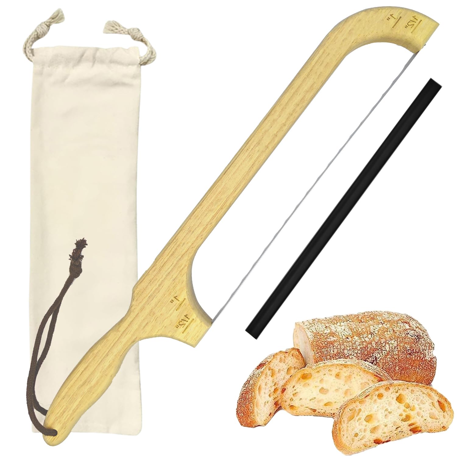 Arflo Wooden Bread Bow Knife - 16" Bread Bowl Knife - 420 Premium Stainless Steel Bread Saw with Protective Cover - Bread Knife for Homemade Bread - Sourdough Bread Knife