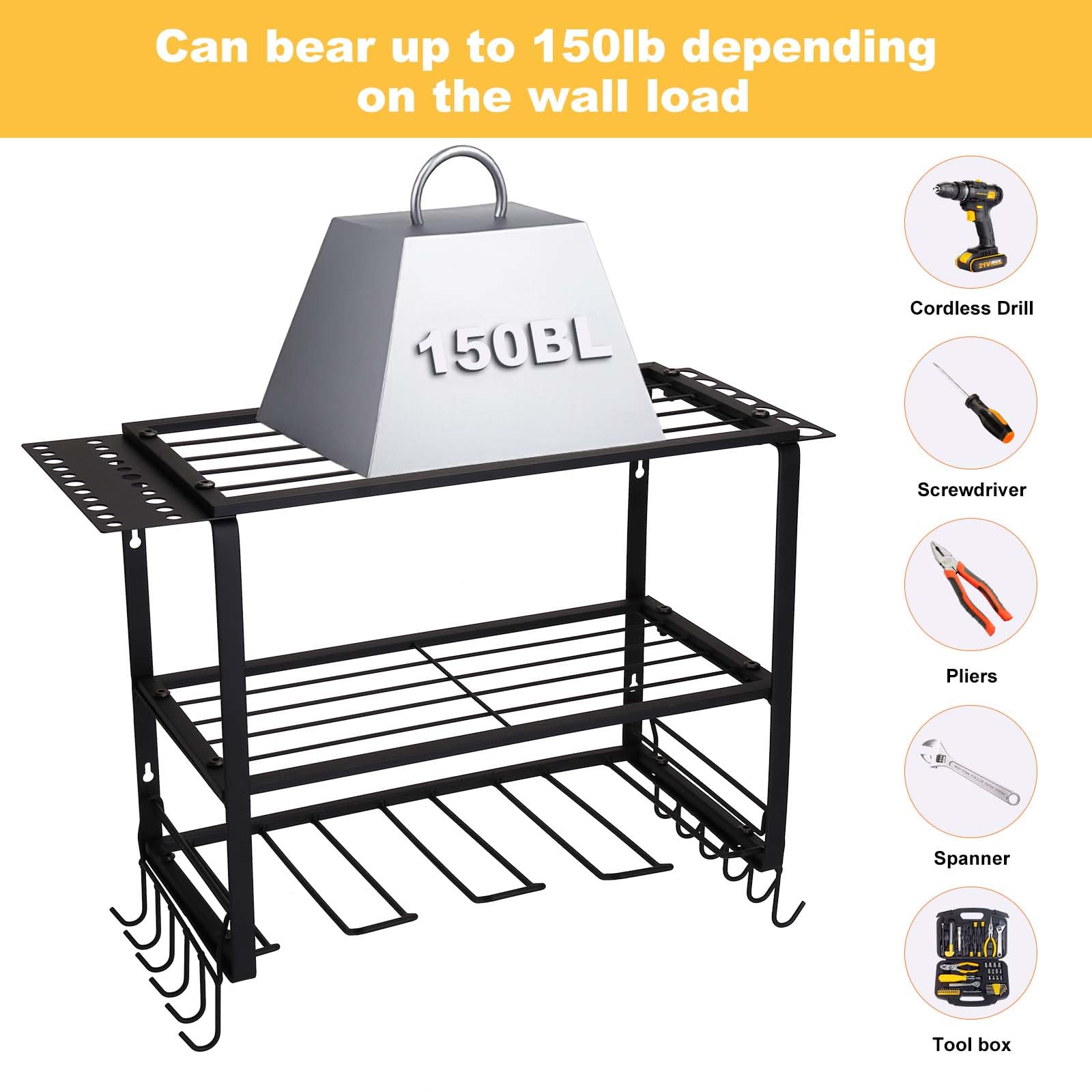 ShineMe Garage Tool Organizer Wall Mount, Heavy Duty Power Tool Organizer with 4 Drill Holders, 3 Layer Multifunctional Metal Storage Rack for Workshop, Garage, Tool Room