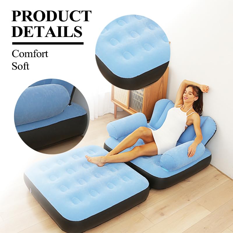 KAERMU Inflatable Sofa with Air Pump Outdoor Adult Lazy Sofa Multifunctional Five in One Inflatable Bed Convenient Foldable Lounge Chair,PVC Flocking,Perfect for Relaxing and Reading(Blue)