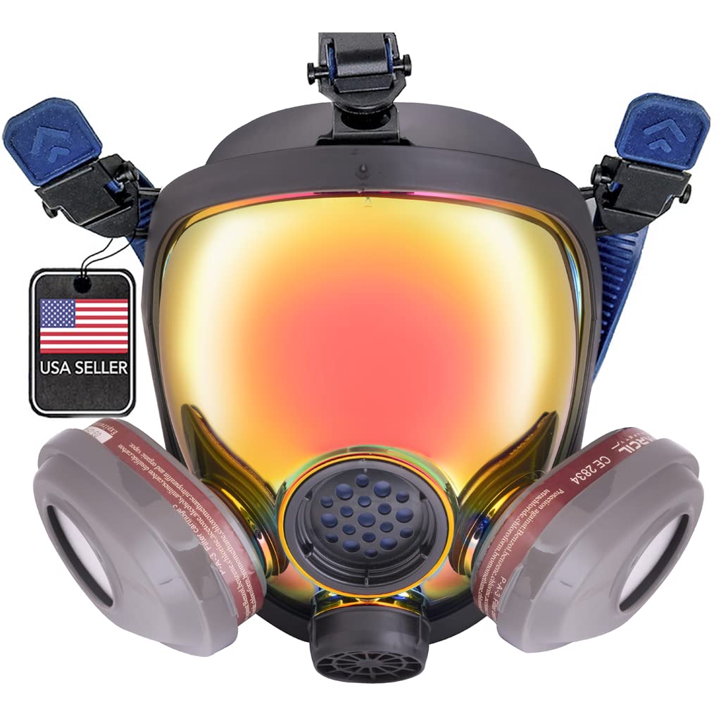 PD-101 Inferno Red Mirrored Full Face Organic Vapor & Particulate Respirator - Dual Activated Charcoal Filtration - Full Face Eye Protection Mask