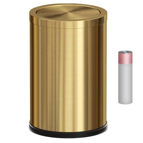 YOJIA 9L / 2.4 Gallon Stainless Steel Gold Trash can with Flipping Lid, Fingerprint-Proof Garbage Cans, Wastebasket Bin for Bathroom,Bedroom,Dorm,Office,Hotel,Metallic Gold (Gold Single Layer)