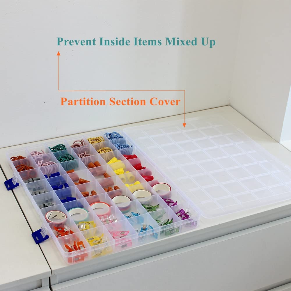 BangQiao 2 Pack Fixed 48 Grids Clear Plastic Divider Storage Box, Transparent Organizer Container Case for Bead, Button, Jewelry, Diamond, Craft, Small Parts, Sewing Kit,DIY Accessories