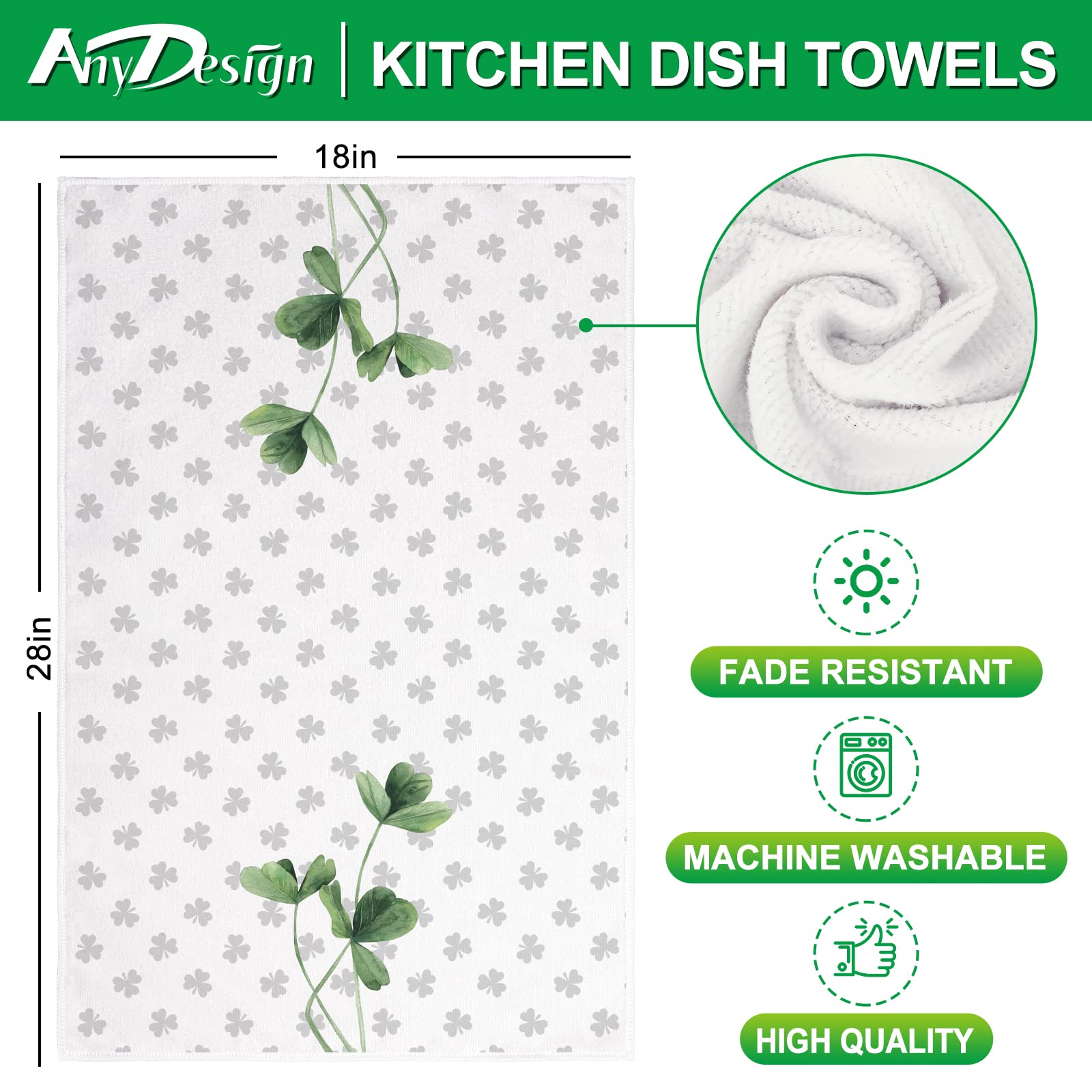 AnyDesign St. Patrick's Day Kitchen Towel Gray White Lucky Kisses Dish Towel Shamrock Clover Hand Drying Tea Towel for Cooking Baking Cleaning Wipes, 18 x 28 Inch, Set of 4