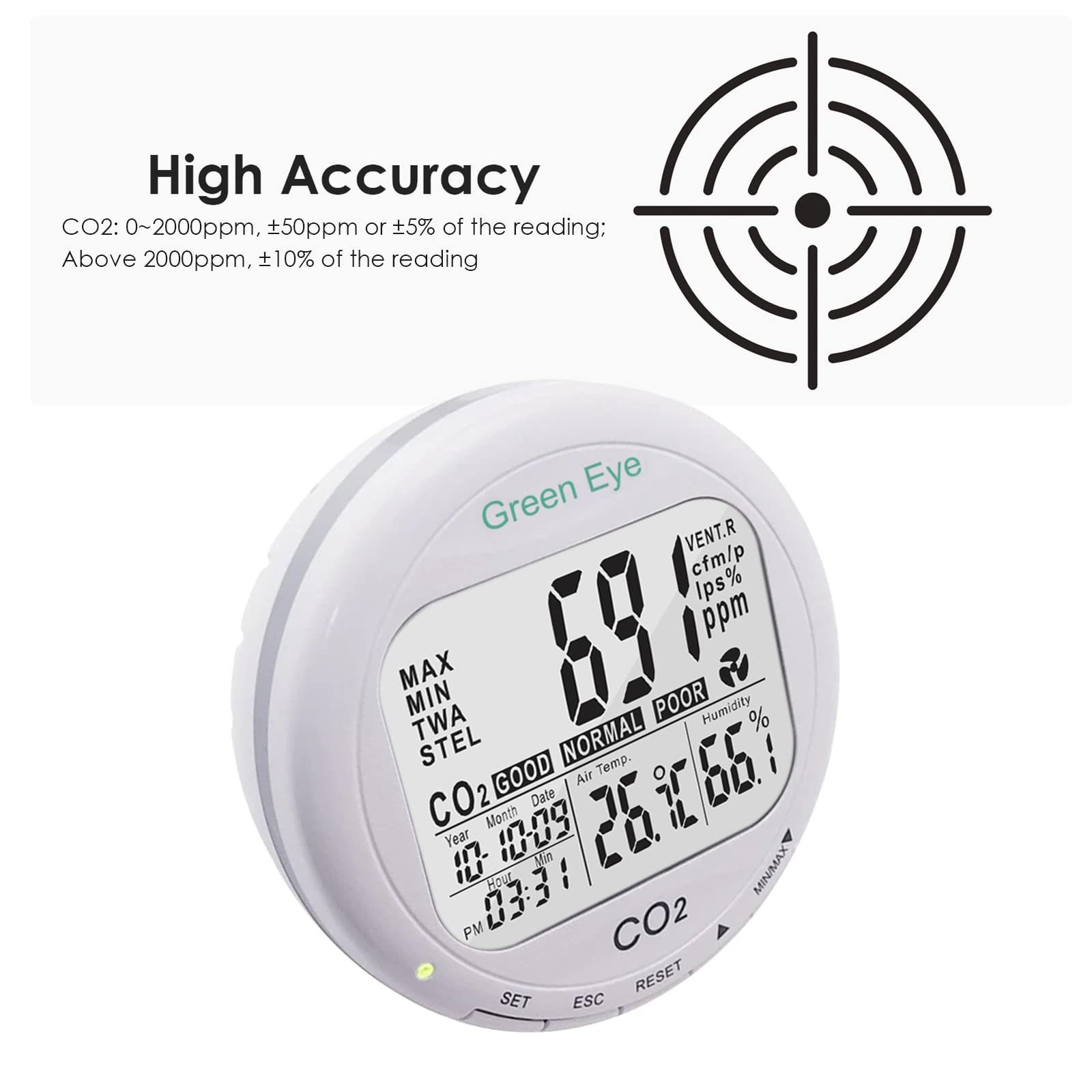 Desktop CO2 / RH/Temp 3 in 1 Indoor Air Quality Monitor Data Logging with Software Carbon Dioxide Temperature Humidity Digital Meter Audible Alarm NDIR Sensor