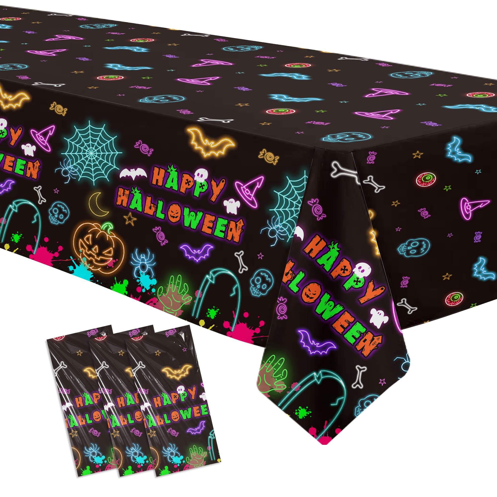 Aribra Neon Halloween Decorations Tablecloths, Glow Happy Halloween Party Supplies Table Covers, Disposable Neon Spooky Halloween Birthday Party Decorations Table Cloth, 3 Pack (108 x 54 Inch)