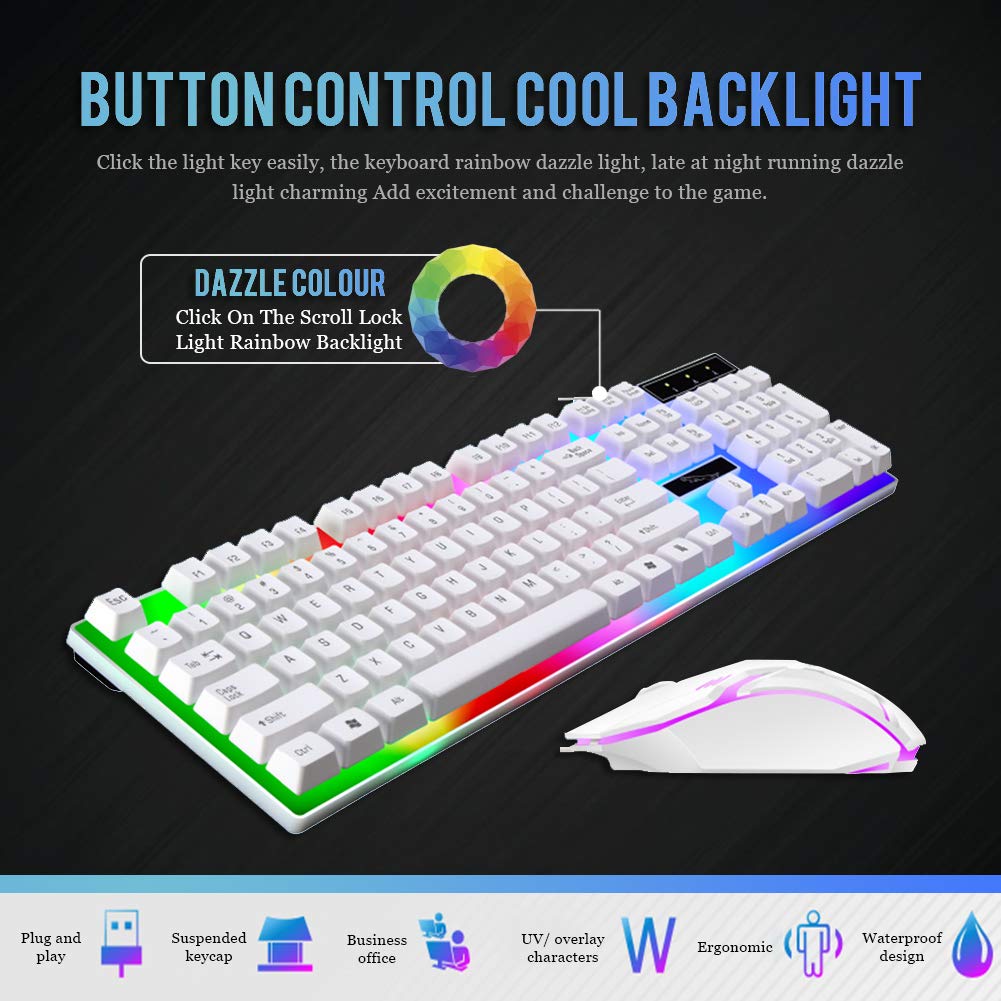 BenRan Wired Gaming Keyboard Rainbow Backlit Mechanical Keyboard Mouse Combo, LED 104 Keys USB Ergonomic Keyboard, Mouse for PC Gamer(White)