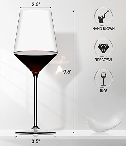 Red Wine Glasses Set of 4- Premium Crystal Wine Glasses Hand Blown-15 oz,Thin Rim,Long Stem,Perfect for Red or White,Daily Use,Unique Wedding Anniversary or Birthday Gift