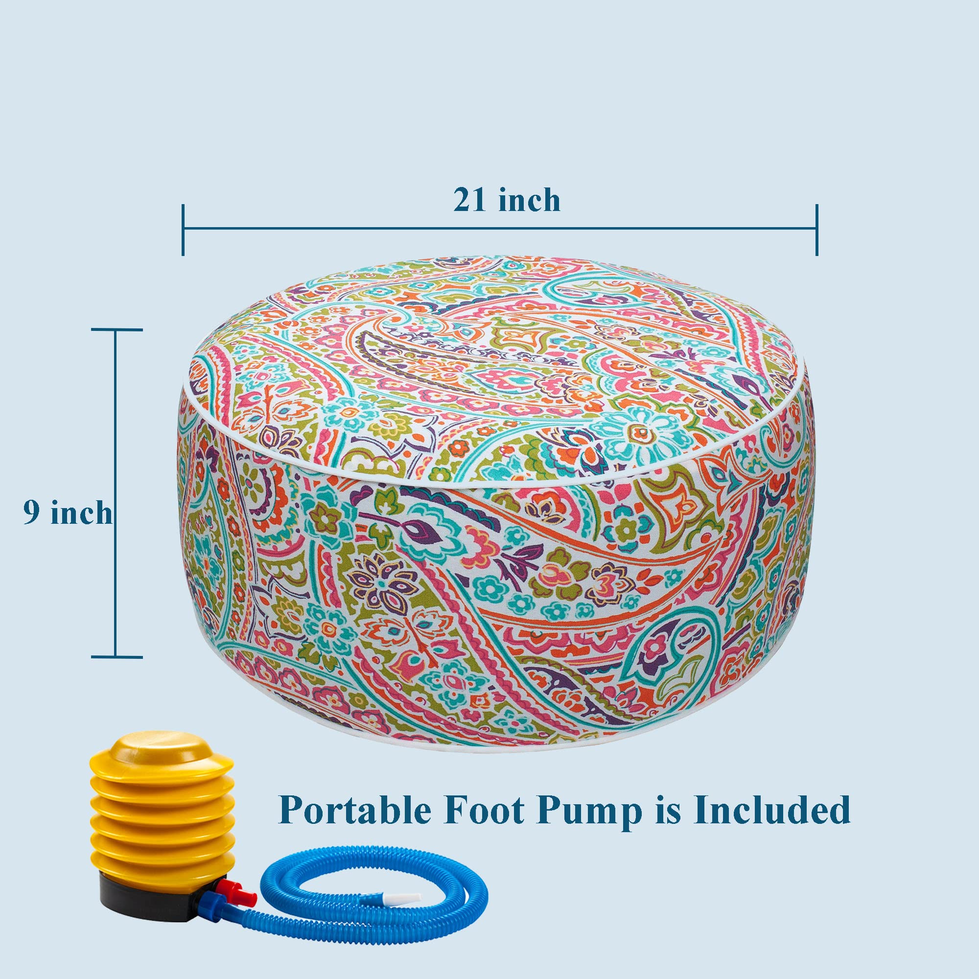FUNHOME Inflatable Stool Ottoman Footrest with Handle, All Weather Footrest Seat with Foot Pump D20 xH9, Water Repellent Footstool Pouf for Home Patio Garden and Camping Use-Melora Paisley