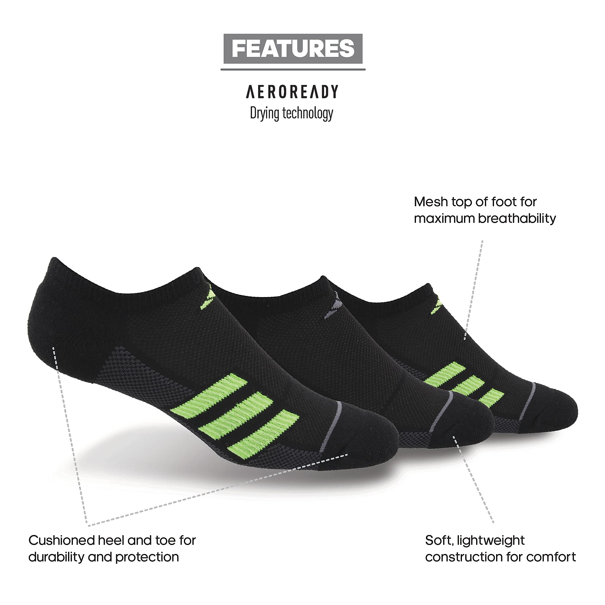 adidas Men's Superlite Stripe II 3-Pack No Show, Black/Onix Grey/Night Grey, Large