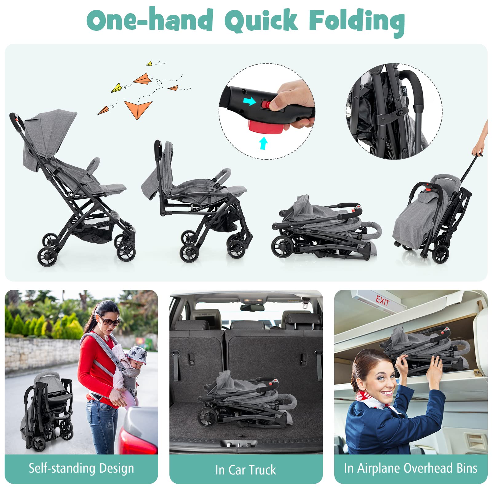BABY JOY Lightweight Baby Stroller, Compact Travel Stroller for Airplane, Easy One-Hand Fold, High Landscape Infant Toddler Stroller with Adjustable Canopy/Backrest/Footrest, Storage Basket (Gray)