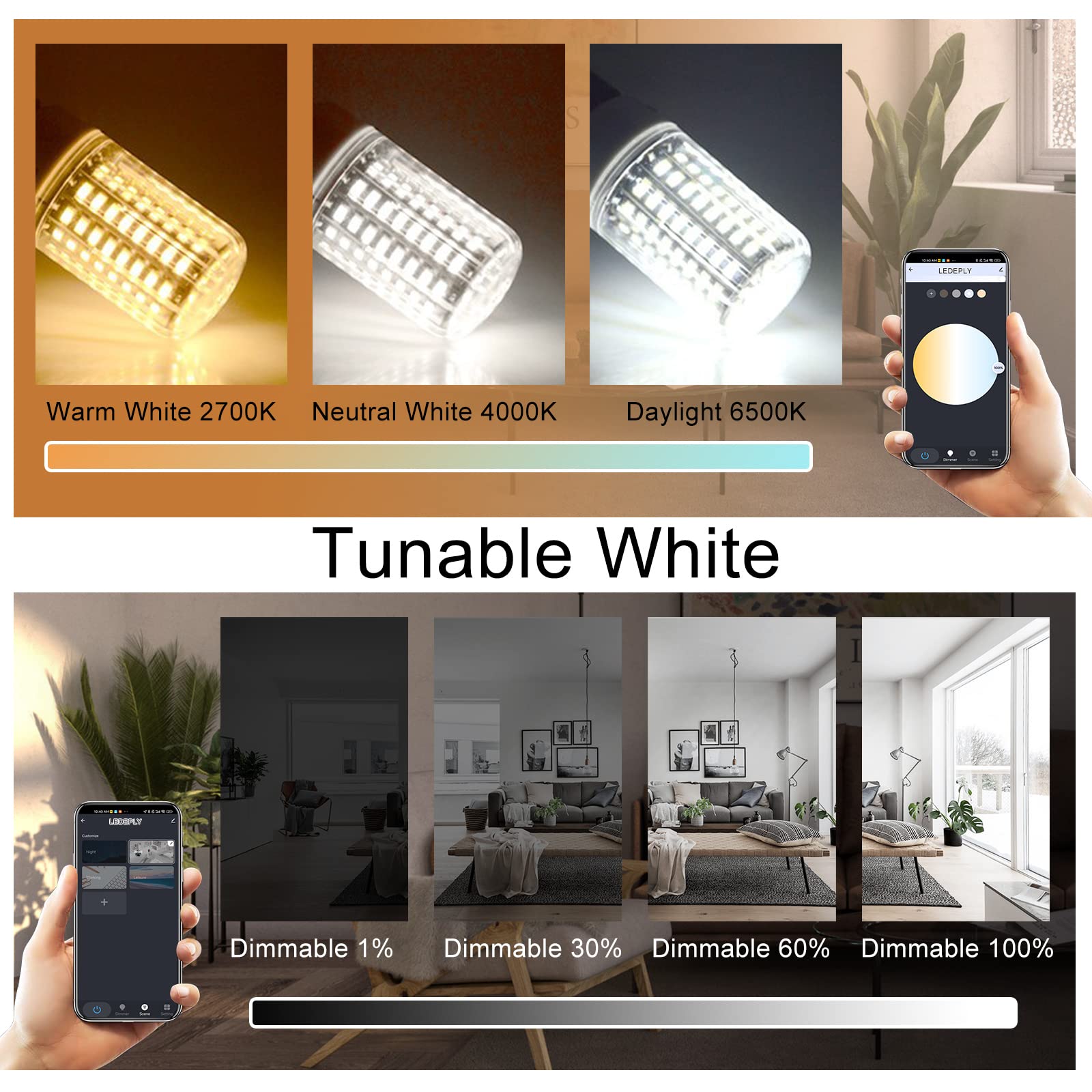5W=40W, LED Smart Bulb, A15 Globe Shape, Compatible with Alexa, Google Home, E12, Dimmable, WiFi, Color Changing, Tunable White 2700K-6500K, G45 Ceiling Fan Light Bulbs, 2 Pack, No hub Required