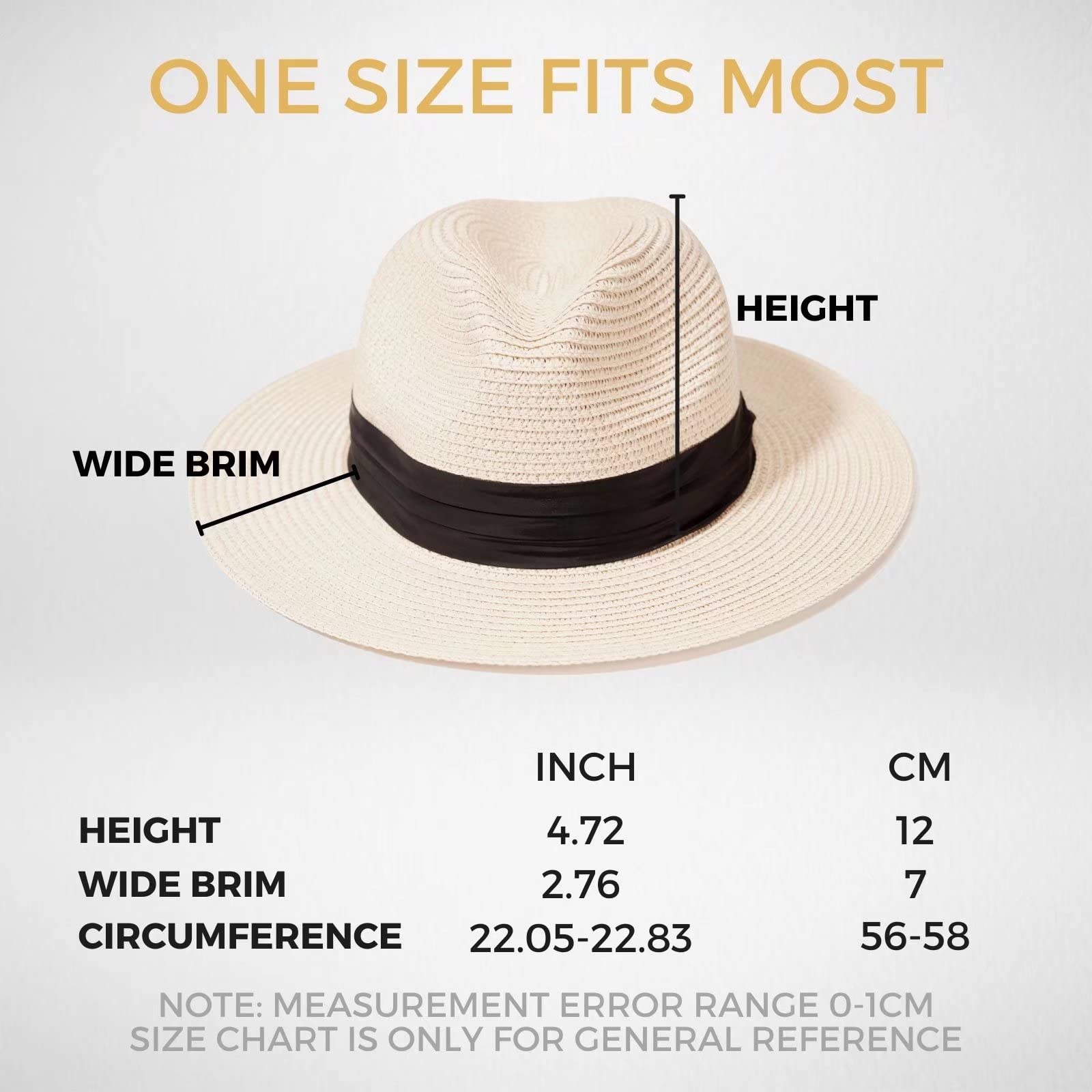 accsa Women Panama Straw Hat Classic Wide Brim Sun Hat for Beach Adjustable Summer Fedora Hat for Ladies UPF 50+
