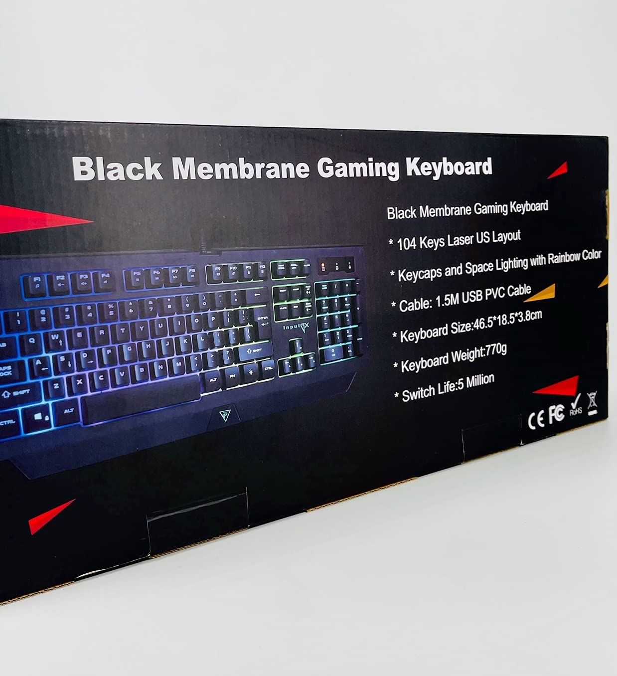 Gaming Keyboards Black Membrane Gaming Keyboard,104 Keys Laser US Layout * Metal Included,Keycaps and Space Backlight,Lighting with Rainbow Color
