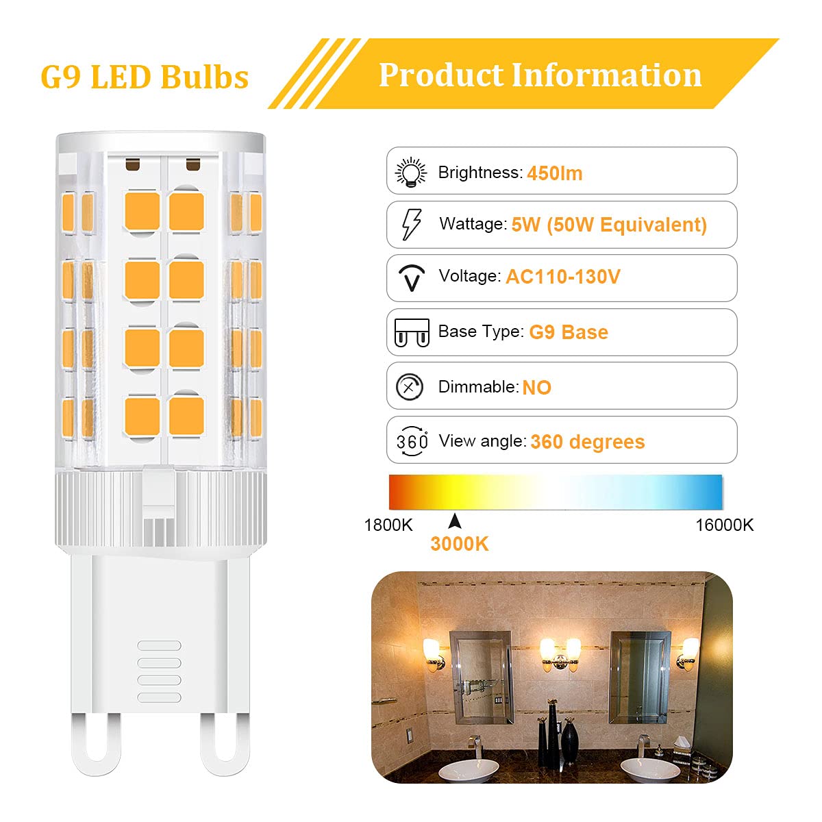 Amazing power G9 LED Bulbs, 5W LED G9 50W Equivalent Bi Pin G9 Halogen Bulbs for Chandelier Lighting Non-Dimmable Warm White 3000K 5-Pack
