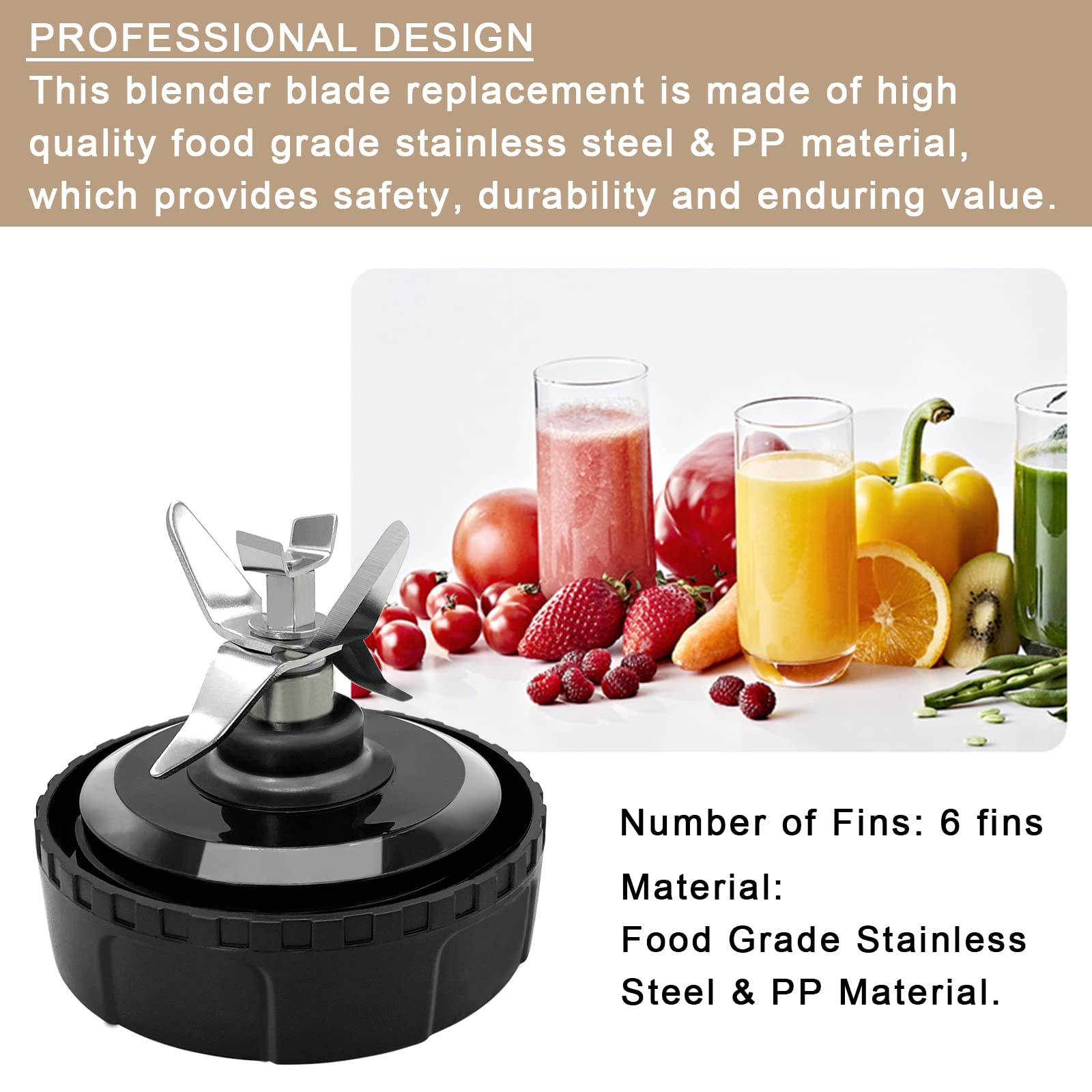 6 Fins Blender Blade Extractor Blade Replacement for Nutri Ninja BL660 BL663 BL663CO BL665Q BL740 BL770 BL771 BL772 BL773CO BL780 BL780CO, for 16 oz Cup (6 FINS 3.35 INCH)