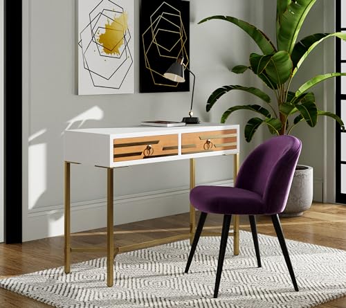 Adore Decor Jupiter Console Table with 2 Drawers, Mid Century Modern Rectangular Small Space Accent Desk for Living Room, Entryway, Home Office, Metal Legs, Easy Assembly, White and Gold