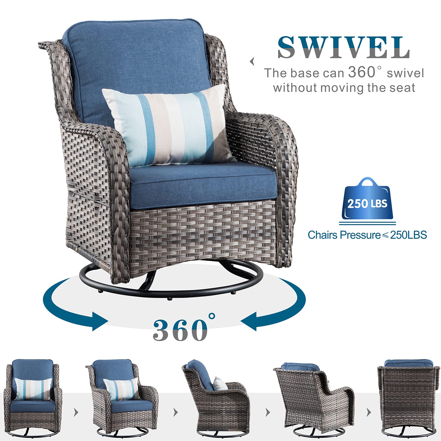 6 Piece Outdoor Patio Furniture Set Wicker Conversation Bistro Set Swivel Rocking Chairs with Side Table and Ottomans for Backyard, Porch, Balcony,Grey Wicker Denim Blue