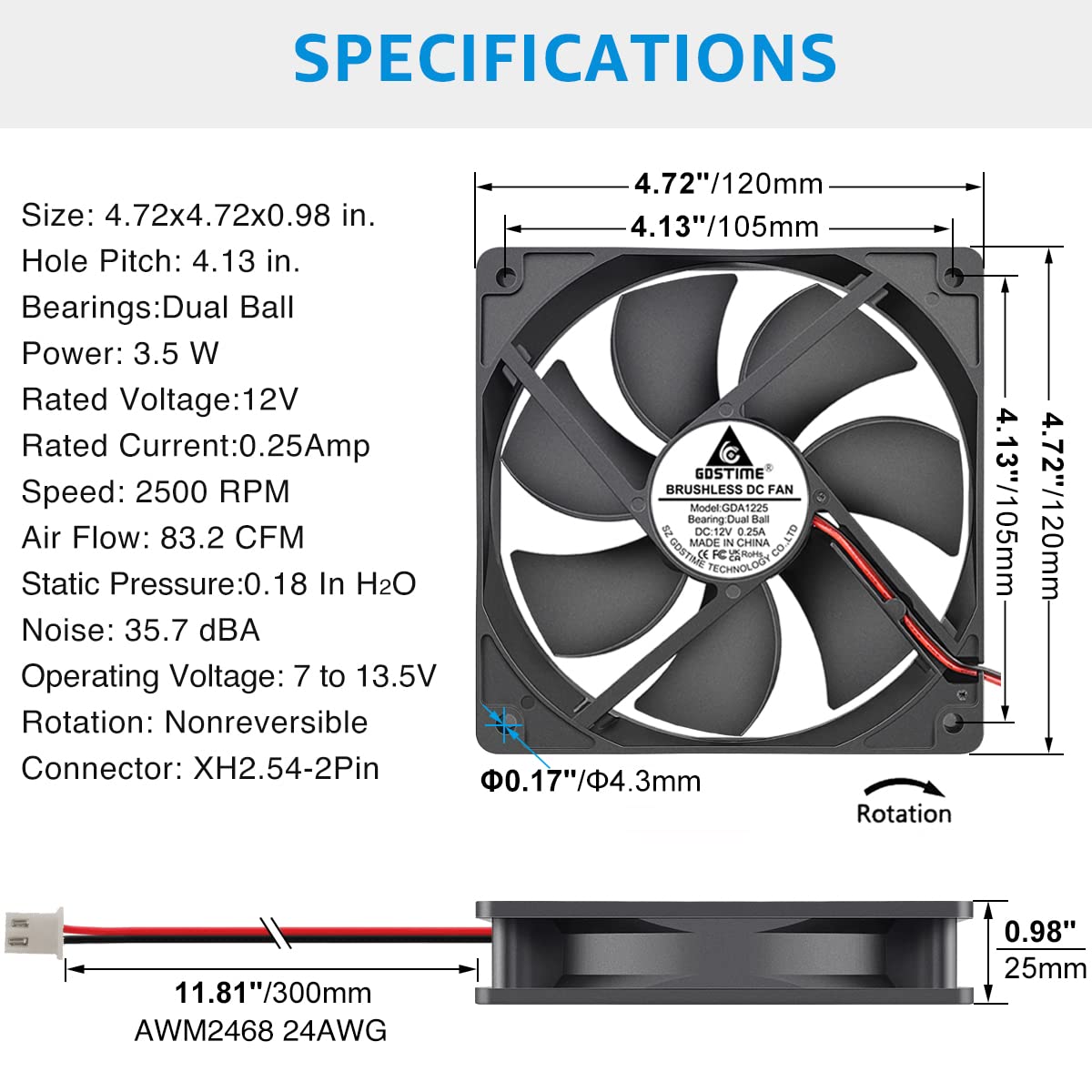 GDSTIME Dual Ball Bearings 120mm x 120mm x 25mm 5 inch 12v Brushless DC Cooling Exhaust Fan, For Desktop