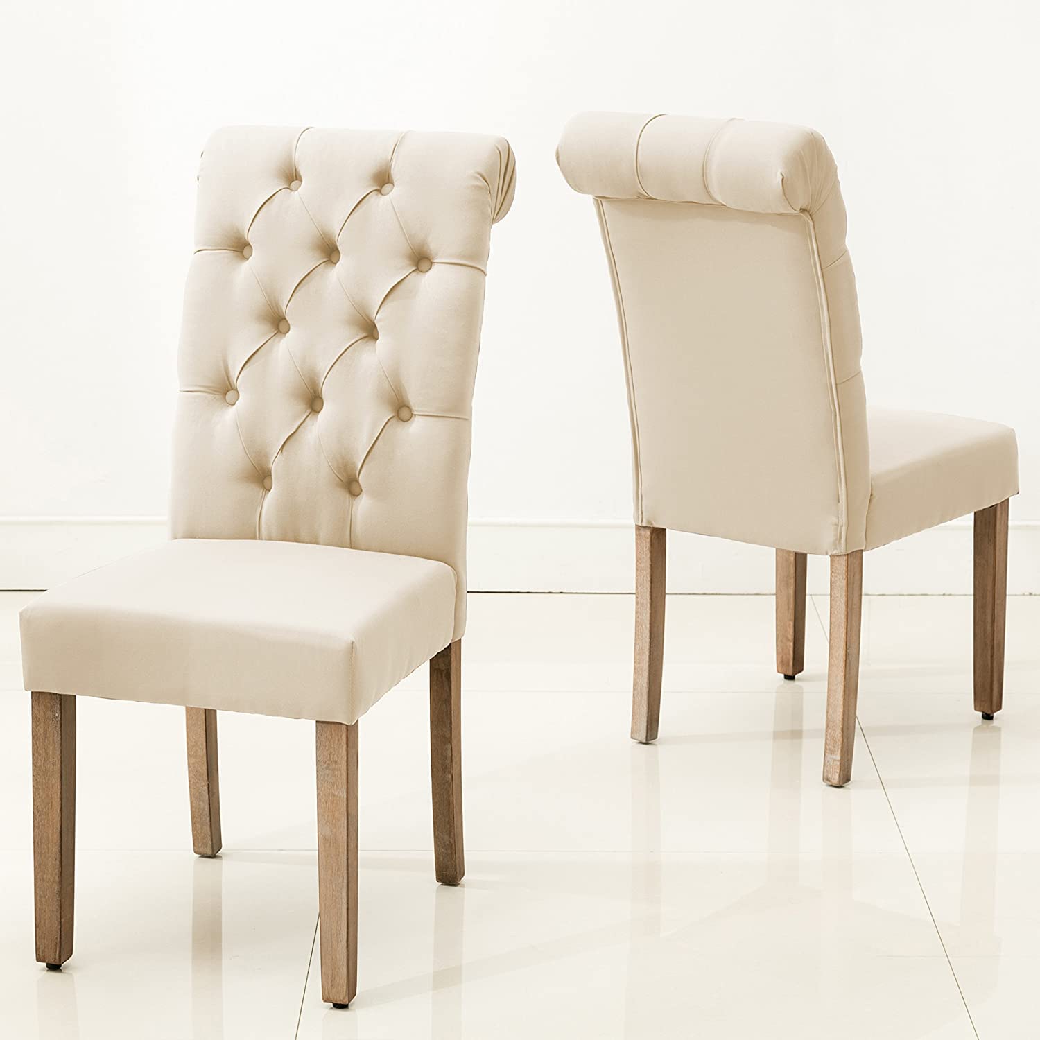 AC Pacific Natalie Tufted Dining Chairs, Contemporary Upholstered Home Kitchen Armless Parson Seat with Rolled Top, Set of 2, Snowy White